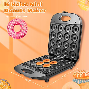 Mini Donut Maker, 16 Holes Small Doughnuts Maker Machine, Mini Pancake Maker for Kid-Friendly Breakfast, Snacks, Desserts & More with Non-stick Surface, Double-sided Heating