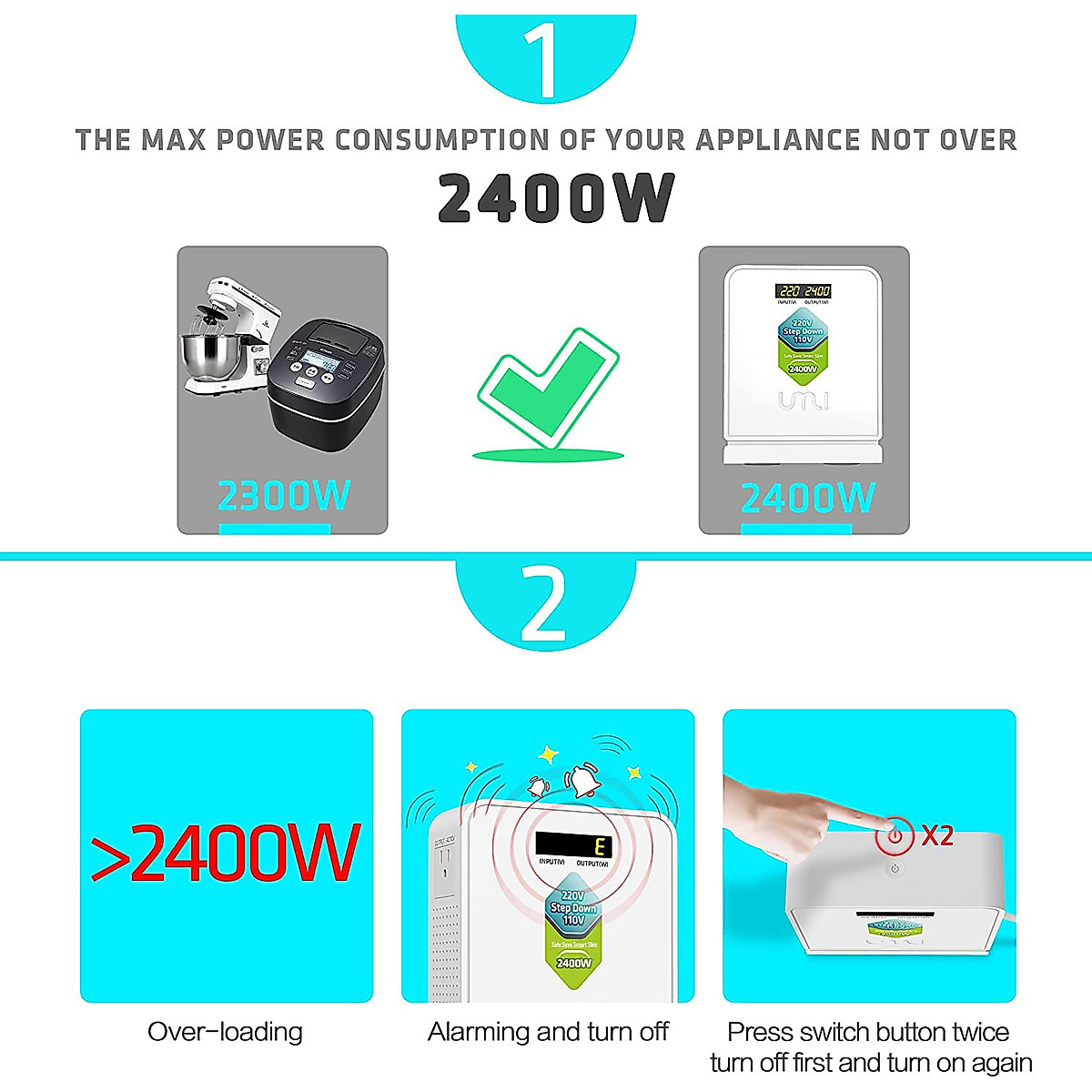 UMI 2000W 2400W Step Down Voltage 220v to 110v Converter, Heavy Duty Power Converter 220V to 110V, Good Transformer for Overseas, Step Down Converter 220V to 110V - US to Europe Voltage Converter