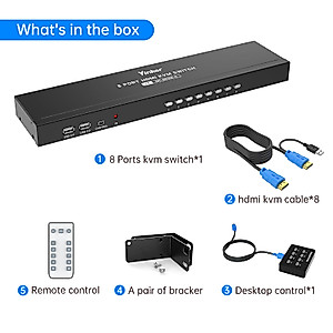 KVM Switch HDMI 8 Port, Yinker 4K@30Hz USB HDMI Rack KVM Console 8 in 1 Out w/9pack Cables 4 USB 2.0 Hubs Desktop Selector IR Remote & Ears