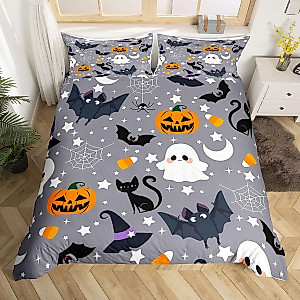 Feelyou Halloween Duvet Cover Cute Ghost Bedding Set Room Decor Vintage Halloween Decor Scaredy Cat Pumpkin Bat Comforter Cover Set Twin Size Magic Hat Grey Bedspread Cover 2Pcs Zipper(No Comforter)