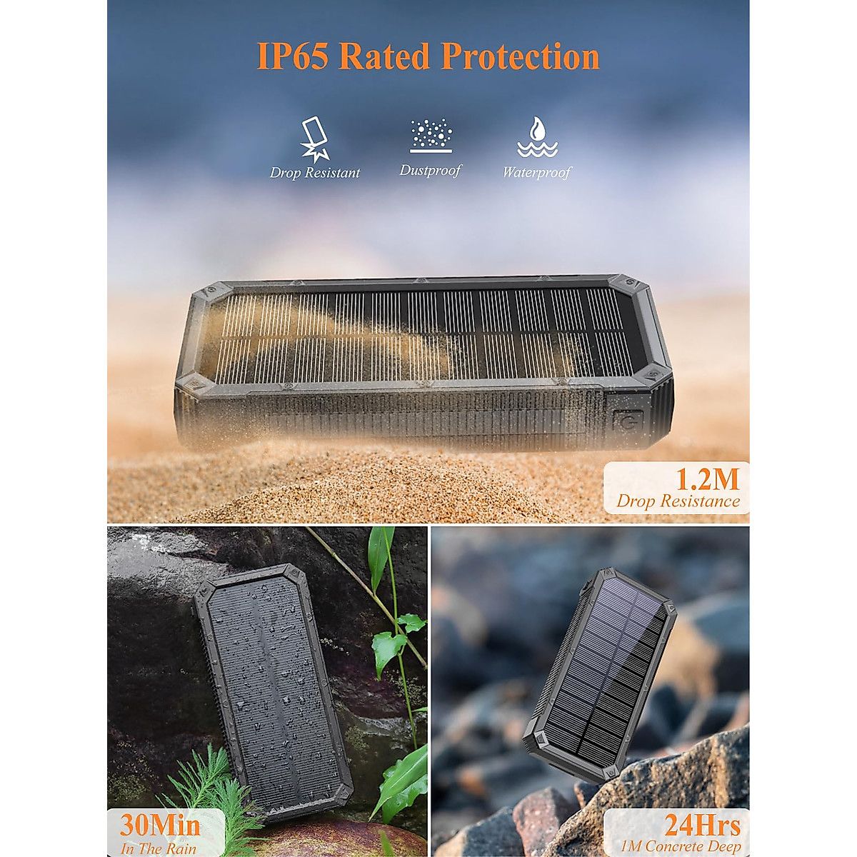 Abnoys Power-Bank-Solar-Charger - 30000mAh Solar Power Bank, PD 20W Fast Charger,Drop-Proof Waterproof Dustproof Built-in LED Flashlight for iPhone, Tablet, Samsung and More USB Device (Black)