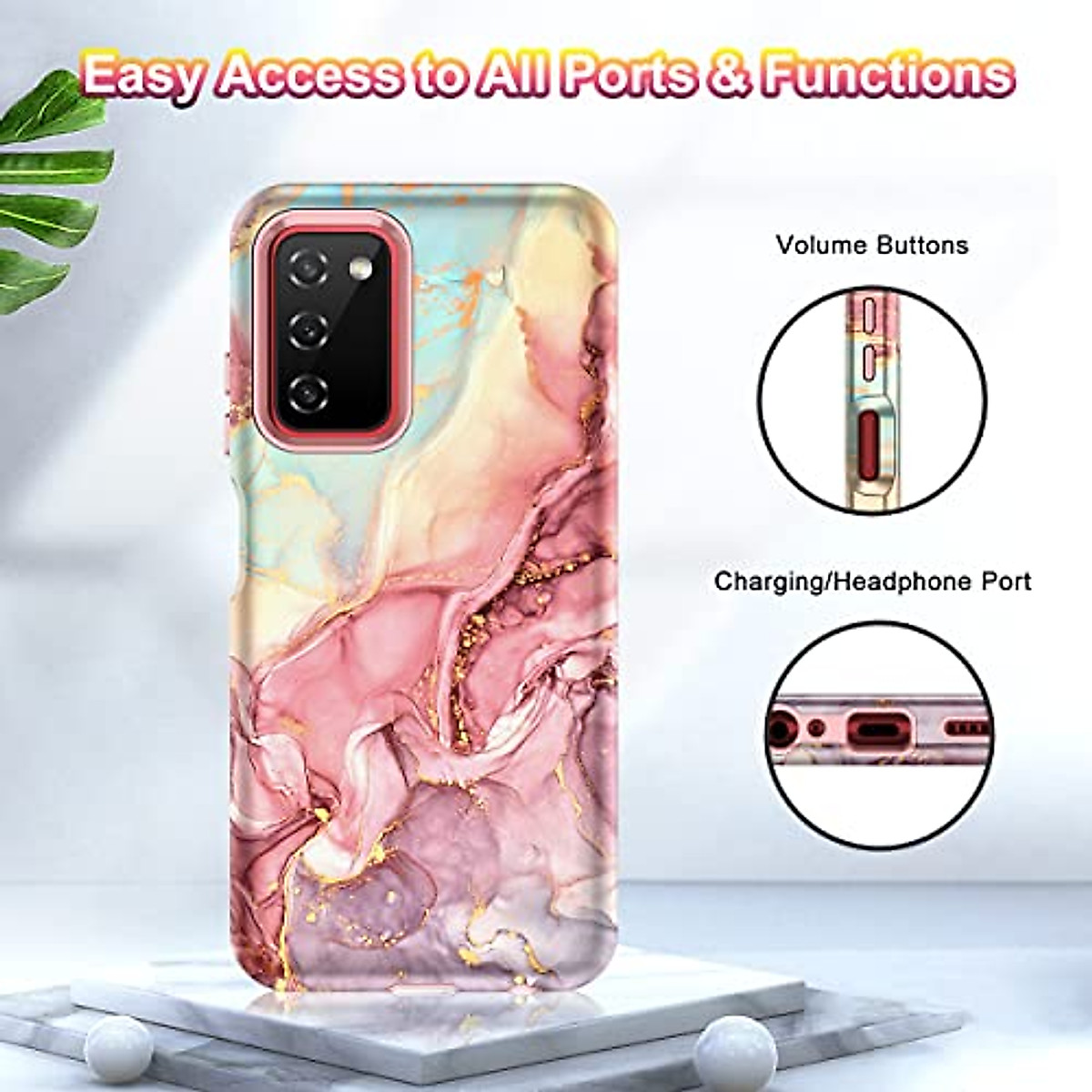 Btscase for Samsung Galaxy A03S Case, Marble Pattern 3 in 1 Heavy Duty Shockproof Full Body Rugged Hard PC+Soft Silicone Drop Protective Women Girl Cover for Samsung Galaxy A03S, Rose Gold