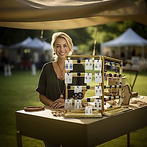 Jewack Wooden Foldable Jewelry Display Stand with Removable 32 Hooks, Earring Cards necklace bracelet Keychain Showcase Cascading Merchandise Organizer For Selling For vendor events