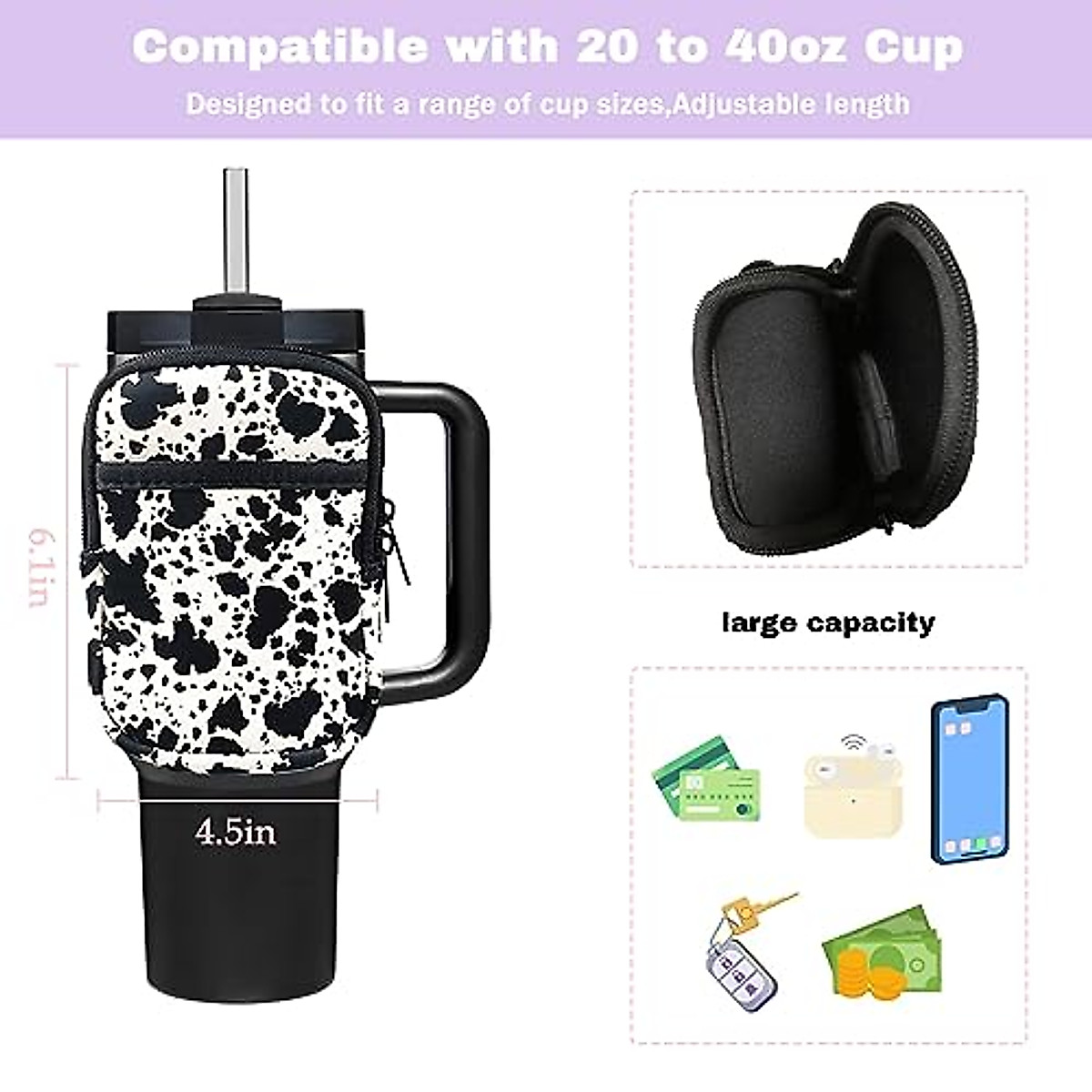Vortika Water Bottle Pouch for Stanley Cup 40oz/ IceFlow 20oz 30oz, stanley fanny pack With Pocket, Tumbler Pouch for Phone, Card, Keys, Gym Accessories For Women(Cow)