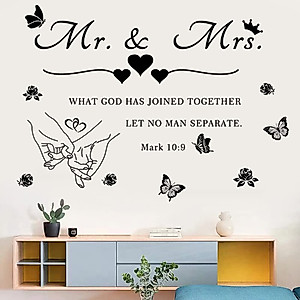 Mr. and Mrs. Wall Decals Wall Art Sticker Peel and Stick Wedding Sayings Art Lettering Stickers Hands with Hearts Romantic Wall Decor Wedding Anniversary Decor Bedroom Living Room Home Decor