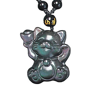 Natural rainbow Obsidian crystal Fortune lucky cat Necklace Amulet pendant bead with adjustable bead chain for Women or Men