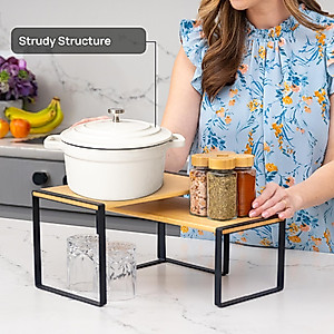 Ibyx Premium Kitchen Cabinet Organizer Shelf - Set of 3 Kitchen Counter Shelves - Stackable Shelf Racks for Cabinets - Metal Frame & Engineered Wood (Natural Wood, Black Frame)