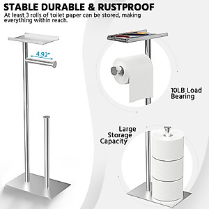 CISILY Silver Stainless Steel Toilet Paper Holder Stand with Phone Shelf, Bathroom Toliet Decor Decoration. Tissue Paper Roll Holder Free Standing Storage, Rv Accessories