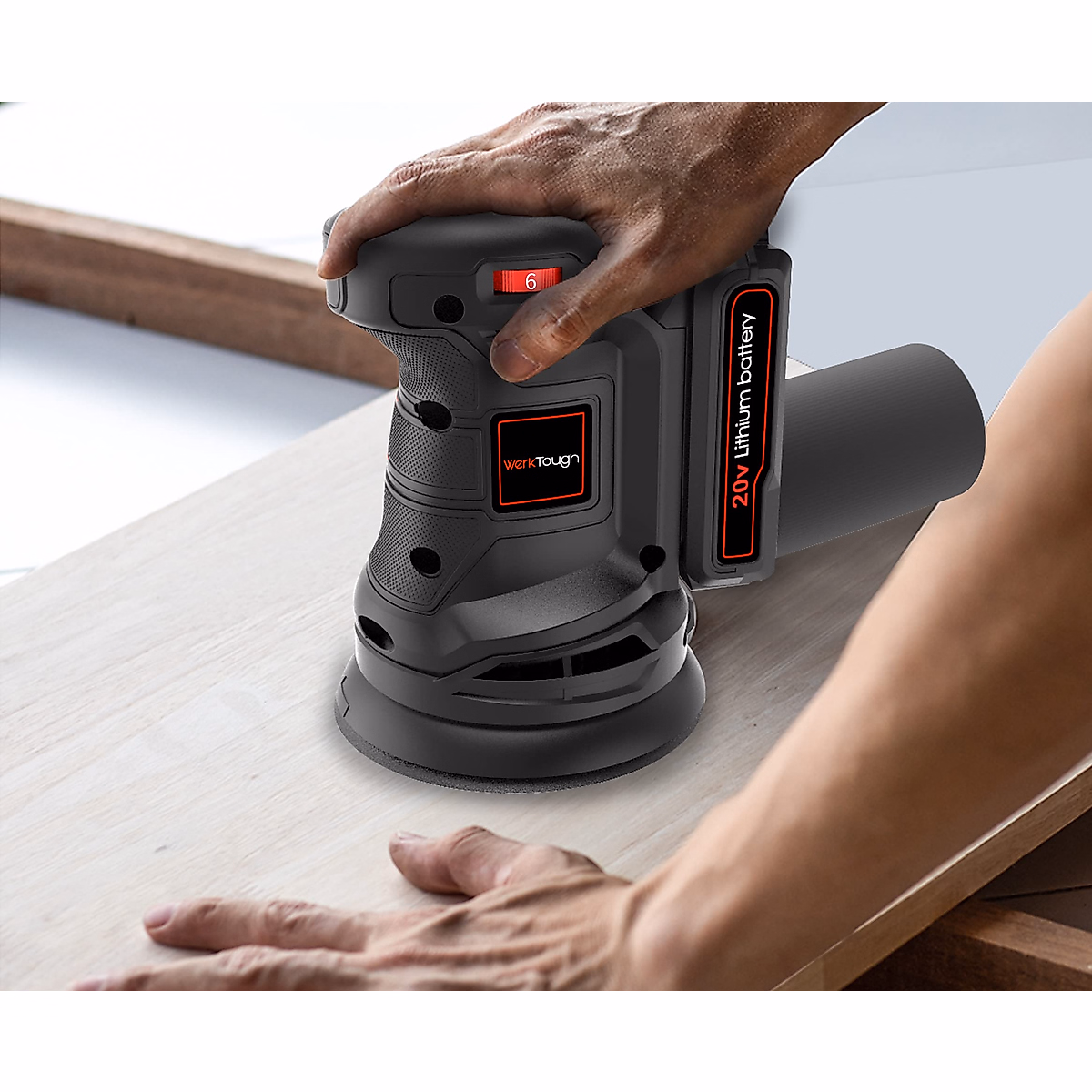 Powertough SA002 20v Cordless Random Orbital Sander 6-step Speed With 2.0A BatteryAnd Fast Charger 1pcs 125 Sander Wheel And 6pcs 125mm Sander Paper With Dust Bag