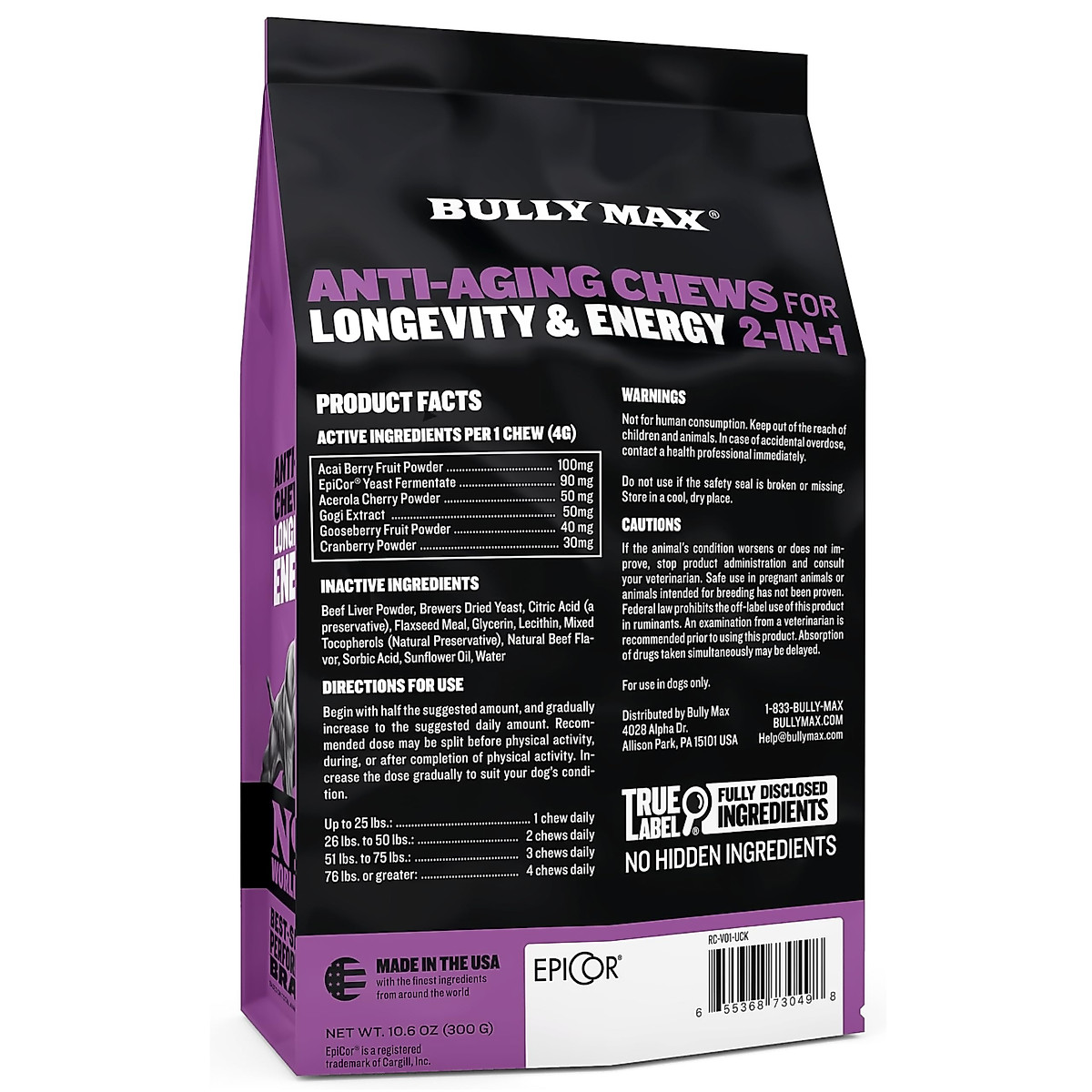 Bully Max 2-in-1 Anti-Aging Multivitamin Chews - Senior Dog Food Supplement for Vitality, Immunity, Joint Support with Postbiotics - Adult Dog Vitamins for Small & Large Breeds - 75 Tasty Soft Chews