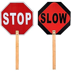 Kichwit Stop Slow Sign, 13" Double Sided Handheld Stop Sign, Street Slow Reflective Sign with Bamboo Handle, Aluminum
