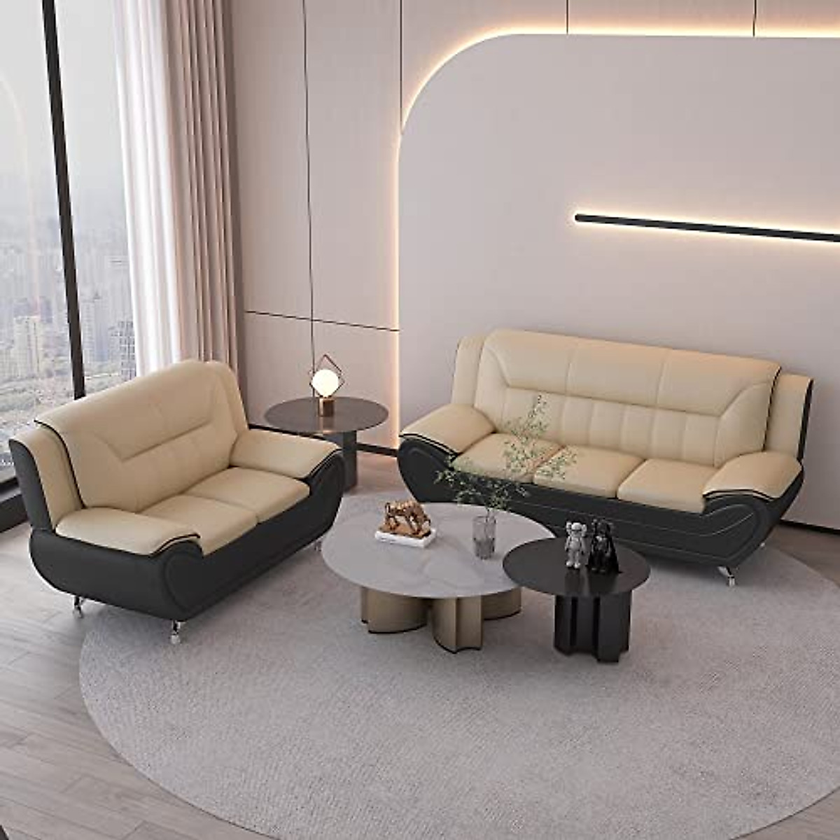 Container Furniture Direct Michael Modern Faux Leather Upholstered Stainless Steel Legs Living Room Loveseat, Camel/Black