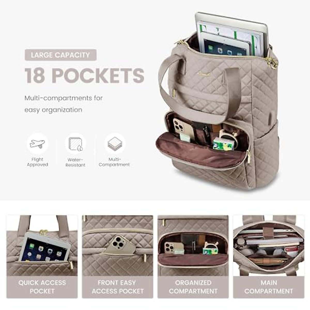 LOVEVOOK Laptop Backpack for Women 17 inch,Diamond Quilted Convertible Backpack Tote Laptop Computer Work Bag,Cute Womens Travel Backpack Purse College Teacher Carry on Back pack with USB Port,Nude