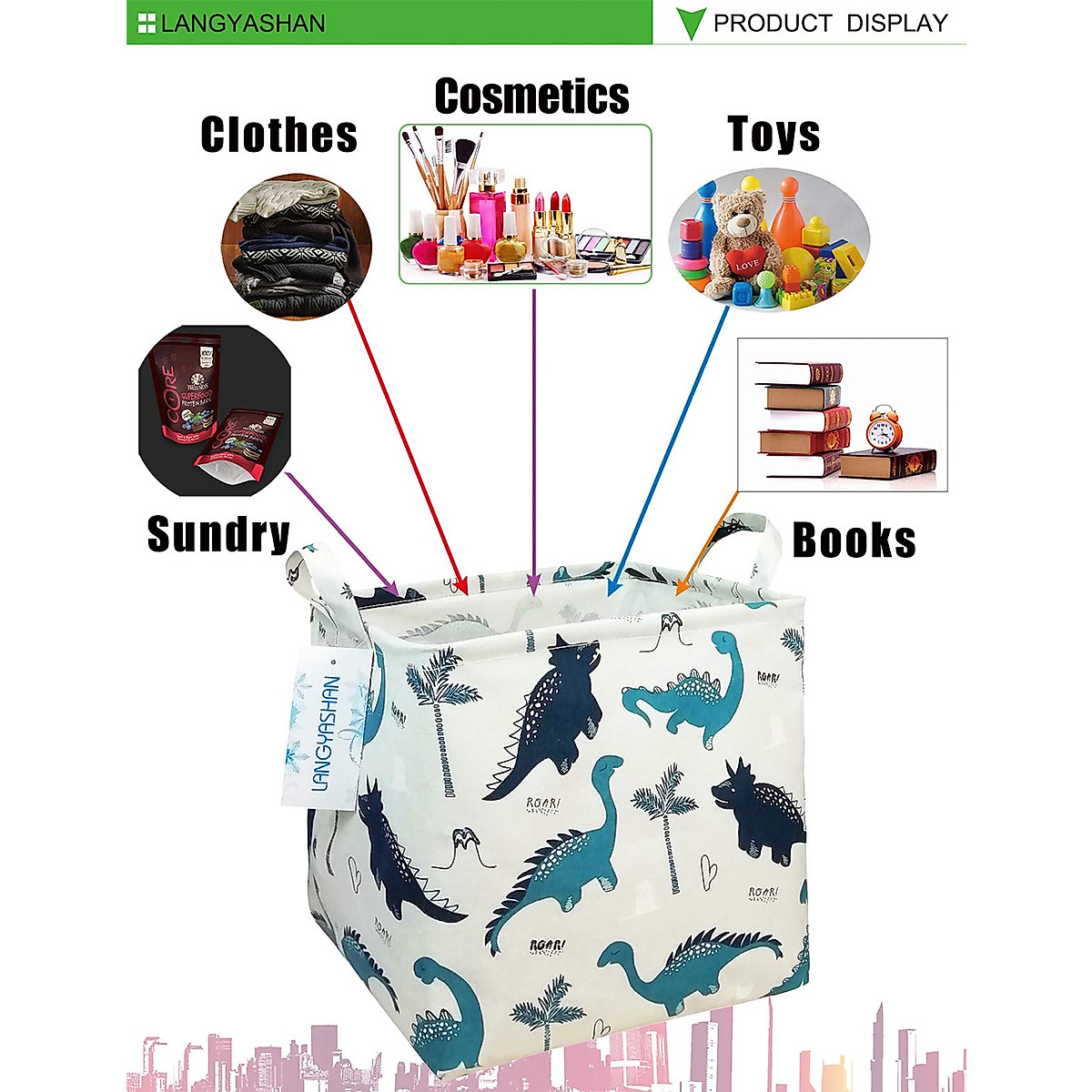 LANGYASHAN Square Storage Baskets Waterproof Canvas Children Laundry Nursery Hamper for Shelves Gift Baskets Toy Organizer Room Decor (Square Dinosaur)