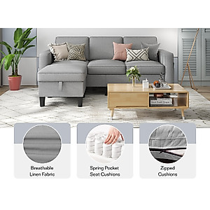Woyomeub Sectional Couches for Living Room: L Shaped Couch with Storage Ottoman - Gray Sofa 3 Seater Furniture Set Modern Linen Fabric Futon Sleeper Sofas for Apartment Studio Small Space
