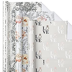 LeZakaa Silver Wrapping Paper Roll - Mini Roll - Flower & Love and Ring with Metallic Foil Design for Wedding, Engagement,Bridal Shower - 17 x 120 inches, 3 Rolls (42.5 sq.ft.ttl.)