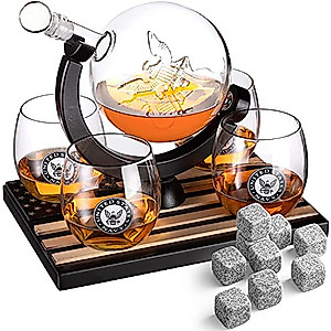 Globe Whiskey Decanter Set with 4 Liquor Glasses - Navy Whisky Decanter & Glass Set with Wood Base and 9 Whiskey Stones - Father's Day - Navy Gifts for Men - Bourbon and Scotch Military Gifts for Dad