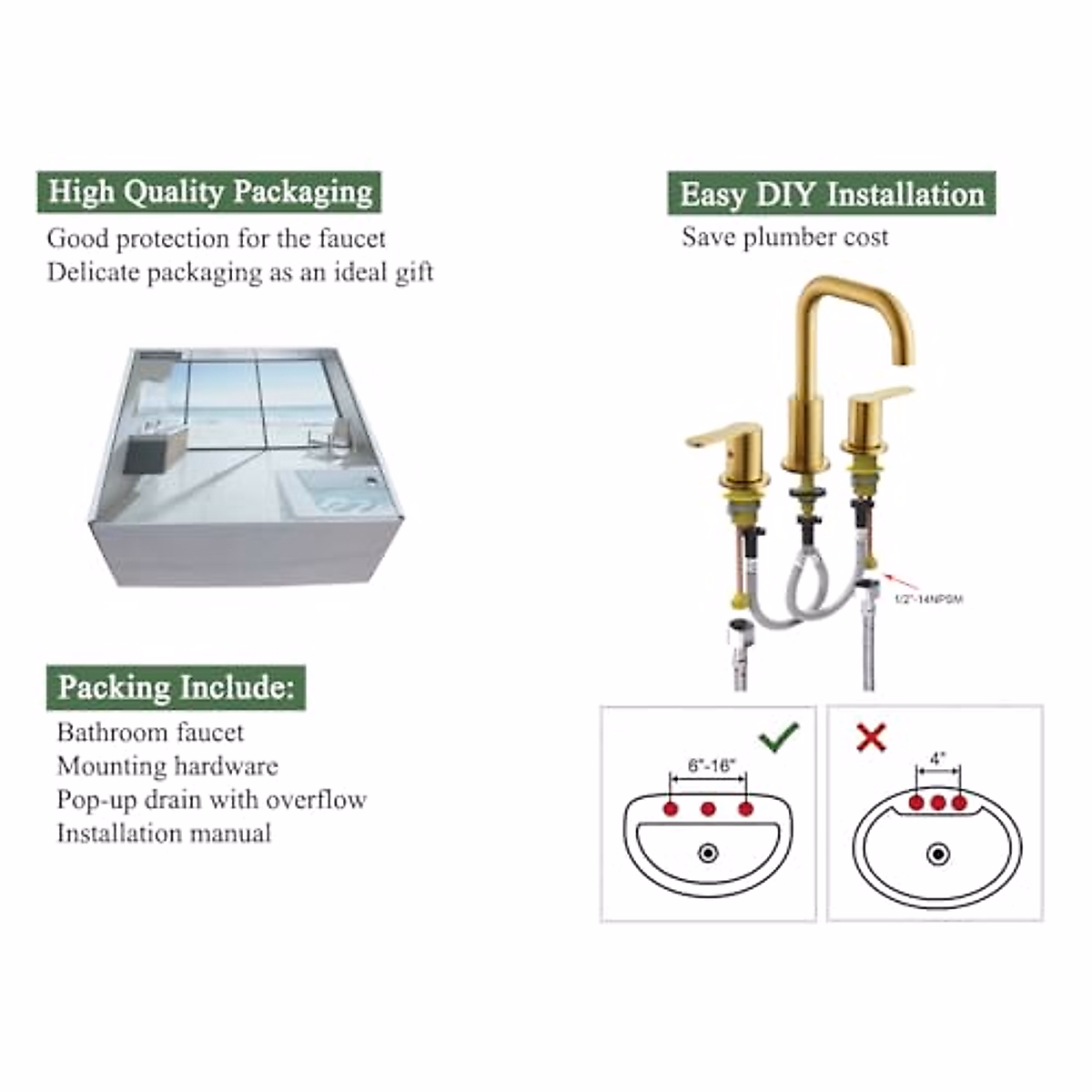 TimeArrow Brushed Gold 2 Handle 8 Inch Widespread Bathroom Sink Faucet with Pop-Up Drain, High Arc Modern Bathroom Vanity Lavatory Faucet 3 Holes with Brass 360° Swivel Spout, TAF830E-PB