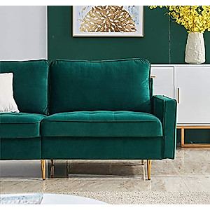 Rhomtree Mid Century Sofa Velvet Fabric Upholster Couch 71” Modern Sectional Futon Bench Loveseat Living Room Sofa with 2 Throw Pillows (Green)
