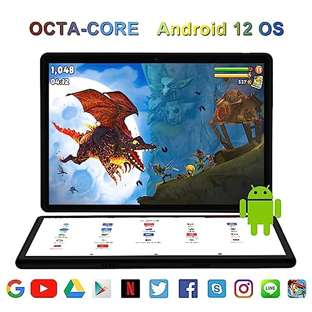 2024 Android 12 Tablets 10.1 Octa-Core 2 in 1 Tablet 4GB+64GB ROM 512GB Expand Include Case, Keyboard, Stylus, 13+5 Dual Camera, GPS, Bluetooth, Google Certificated 10.1 inch Tablet