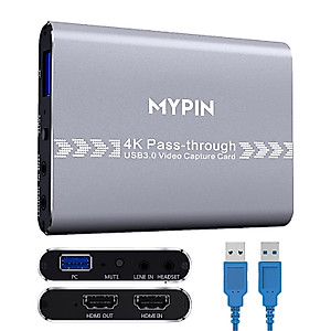MYPIN 4K 60fps Audio Video HDMI Game Capture, Live Gamer Portable Pass-Through 4K Full HD 1080P 60fps USB3.0 Capture Card Ultra Low Latency Record Stream for Xbox, PlayStation, Nintendo Switch