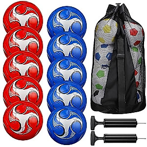 Libima 13 Pcs Soccer Ball Bulk 10 Pcs Official Size 5 Soccer Ball with High Capacity Carry Bag and 2 Pump Soccer Training Set for Youth Teens Adults Sport Gift (Red, Blue,Classic Style)