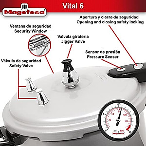 MAGEFESA ® Vital 6 Pressure Cooker, 5.3 Quart, made of very resistant aluminum, compatible with gas, electric and ceramic stove, pressure canner, canning cooker pot, stove top instant fast cooking