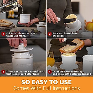 French Butter Crock for Counter With Water Line, On Demand Spreadable Butter, Ceramic Bell Style Butter Keeper to Leave On Counter, French Butter Dish with Lid, White