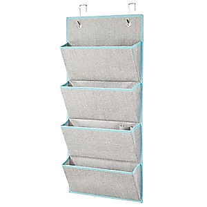 mDesign Soft Fabric Over The Door Hanging Storage Organizer with 4 Large Pockets for Closets in Bedrooms, Hallway, Entryway, Mudroom - Hooks Included - Textured Print - Gray/Teal Blue