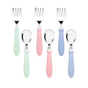 6 pcs Toddler Utensils, Stainless Steel Toddler Silverware Set with Round Handle, Baby Forks for Self Feeding, 3 Toddler Forks and 3 Toddler Spoons, BPA Free