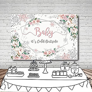 MEHOFOND Baby It's Cold Outside Backdrop Sliver Snowflake Girl Baby Shower Party Decorations Winter Wonderland Photography Background Snowfall Banner Blush Pink Floral Studio Props 7x5ft
