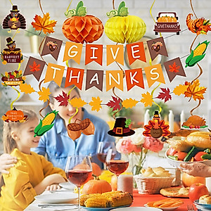 32Pcs Thanksgiving Decorations, GIVE THANKS Banner,Maple Leaf Garland,Autumn Hanging Swirls,Pumpkin Honeycomb Balls for Fall Hanging Party Supplies