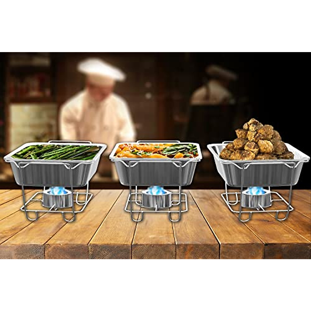 Chafing Dish Buffet Set, Half Size, Disposable Catering Supplies -6 Pack- Food Warmers for Parties, Incl Wire Racks, Fuel, Aluminum Water Pans, Food Pans, Serving Utensils -Single Pan Food Warmer