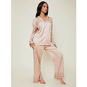 Verdusa Women's Satin Notch Collar Blouse and Ruffle Hem Pants PJ Set Champagne M