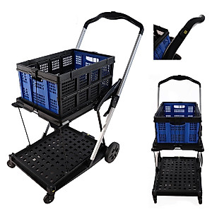 2-Tier Folding Shopping Cart with Wheels, Collapsible Utility Cart Multi Use Functional, 2 in 1 Hand Truck for Grocery/Luggage/Moving