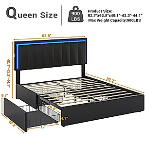 Hasuit Queen Bed Frame with 4 Storage Drawers, LED Light Queen Size Platform Bed with Charging Station, Artificial Leather Upholstered Bed with Adjustable Headboard, No Box Spring Needed