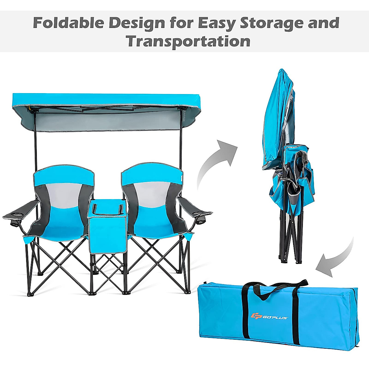 Goplus Double Beach Chair with Canopy Shade, Folding Lawn Camping Chairs with Sunshade & Mini Table Beverage Holder & Carrying Bag for Outdoor Travel Hiking Fishing Poolside (Blue)