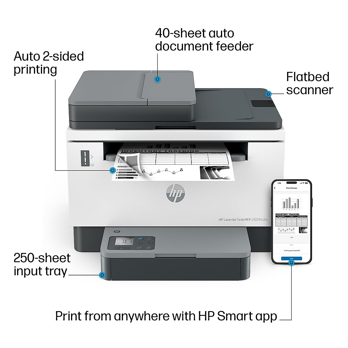 HP LaserJet Tank MFP 2604sdw Wireless Black & White Printer Prefilled With Up to 2 Years of Original HP Toner (381V1A)
