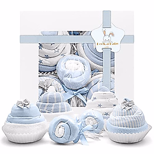 Peek A Baby Gift Blue Baby Boys Onesies Cupcake Gift Set – Baby Shower Cupcake and Lollipop Gift Set | Newborn Bodysuits Onesies Gift Set, 7 Piece Set