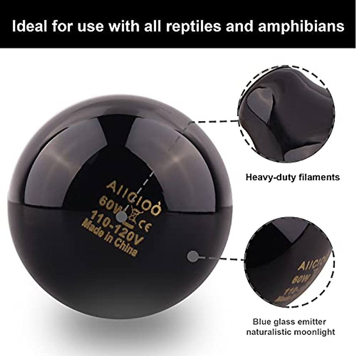 Reptile Heat Lamp - 60 Watt Reptile Night Heat Bulb Terrarium Moon-Like Light Bulb for Bearded Dragon Gecko Snake Turtle and Lizard
