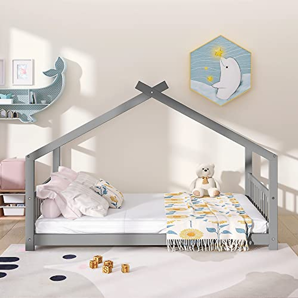 P PURLOVE Full Size House Bed for Kids, Teens,Wood Platform Bed with Headboard and Footboard,Toddlers House Floor Bed with Roof and Slat, No Box Spring Need,Espresso Bed Frame,Gray Bed Frame