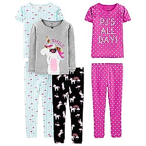 Simple Joys by Carter's Girls' 6-Piece Snug Fit Cotton Pajama Set, Black Unicorn/Blue Tortoise/Grey Heather/Pink Polka Dot, 8