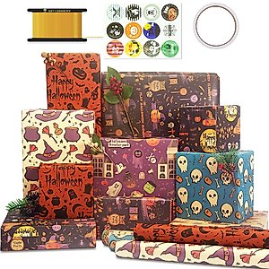 Larcenciel Halloween Wrapping Paper, 6 Sheets Skulls Pumpkin Gift Wrapping Paper, Kraft Paper w/Jute Twine & Gift Tag Stickers, Ghostly Gift Wraps for Halloween, Holiday Decor, DIY Craft,27.5x19.6inch