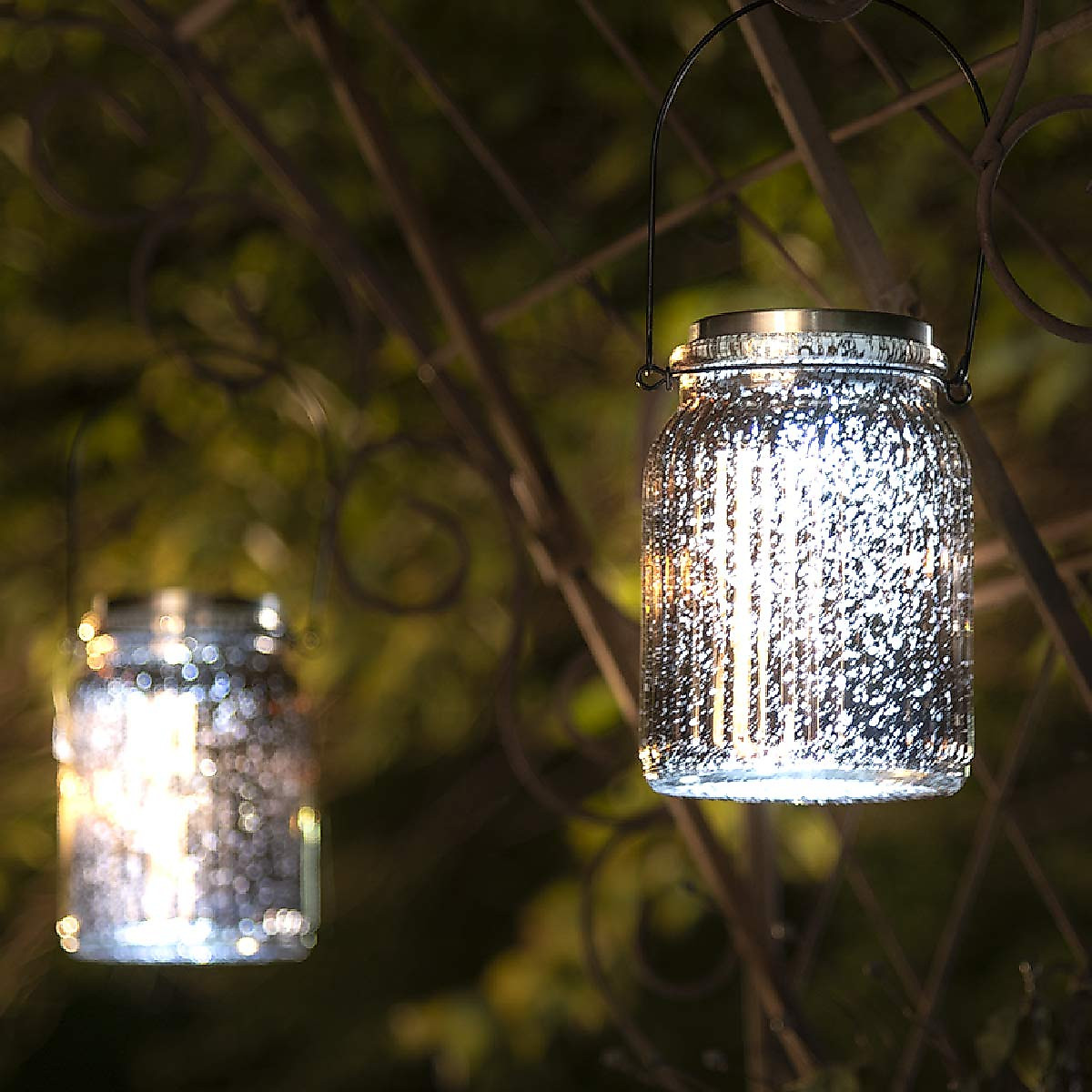 GIGALUMI Solar Powered Mercury Glass Mason Jar Lights, 2 Pack Hanging Solar Laterns Table Lights for Garden, Patio, Backyard.(Ideal Gift)