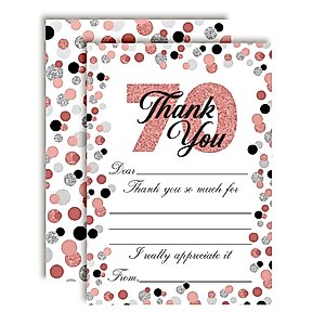 Amanda Creation Confetti Rose Gold Polka Dot 70th Birthday Themed Thank You Notes, Ten 4" x 5.5" Fill In the Blank Cards with 10 White Envelopes