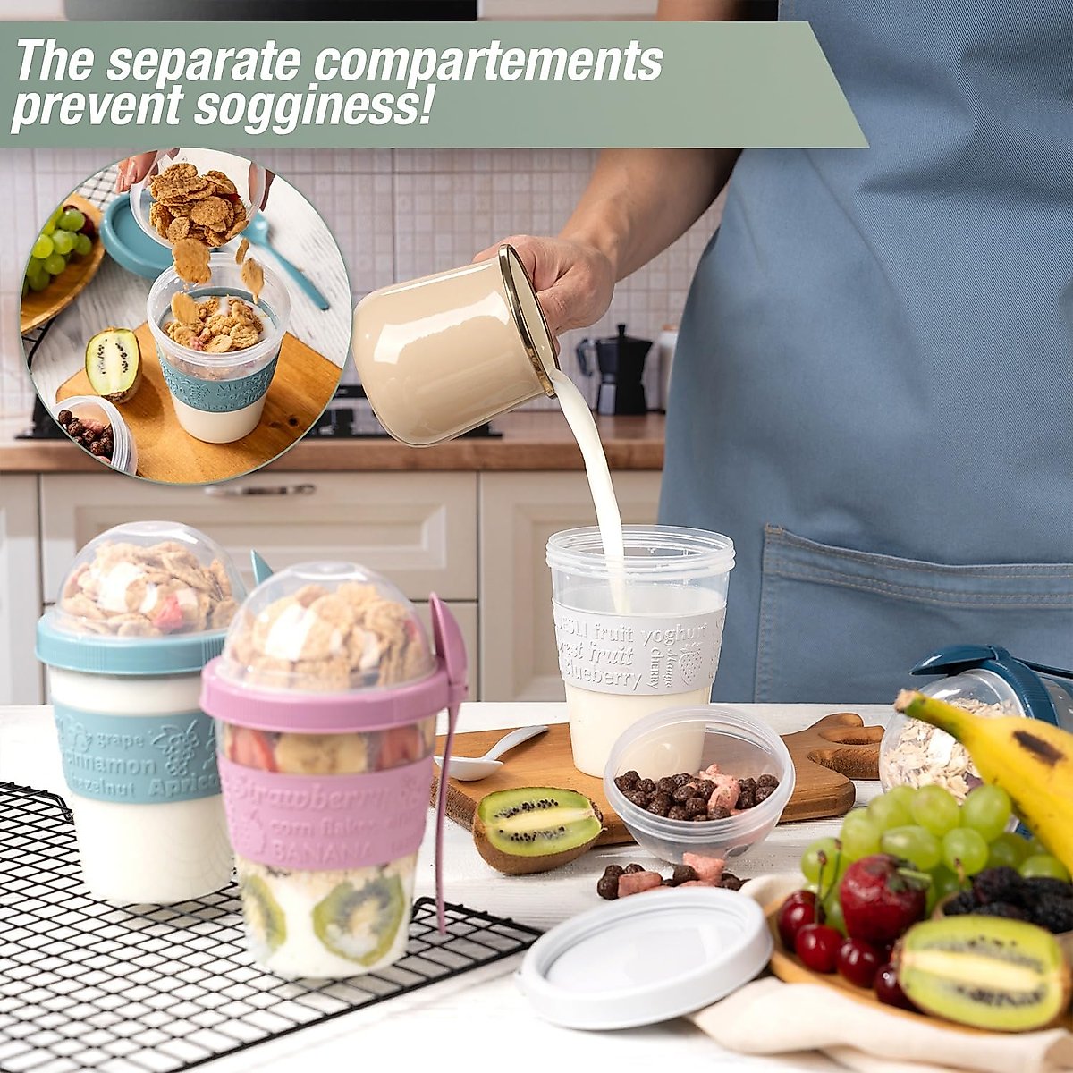 SECEL 4 Pcs Yogurt Parfait Cups Breakfast On The Go Reusable Plastic Containers With Lids And Spoons Take And Go Yogurt Cup With Topping Cereal Or Oatmeal Leak-proof Colorful Bowls