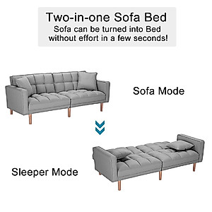 SLEERWAY Modern Futon Sofa Bed, Convertible Sleeper Sofa with Armrests and 2 Pillows, Recliner Couch with 5 Solid Wooden Legs, Twin Size Sofa for Living Room Handpicked Fabric (Light Grey)