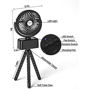 Oscillating Stroller Fan with LED Lantern, 5000mAh Battery Operated Rechargeable Camping Fan with Flexible Tripod Clip On Stroller, 3 Wind Speeds & LED Light