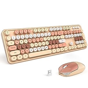 Wireless Keyboard and Mouse Combo, MOWUX Full Size 2.4G Plug and Play Typewriter Keyboard and Mouse Set for Windows, Computer, Desktop, PC, Notebook - Milk Tea Colorful