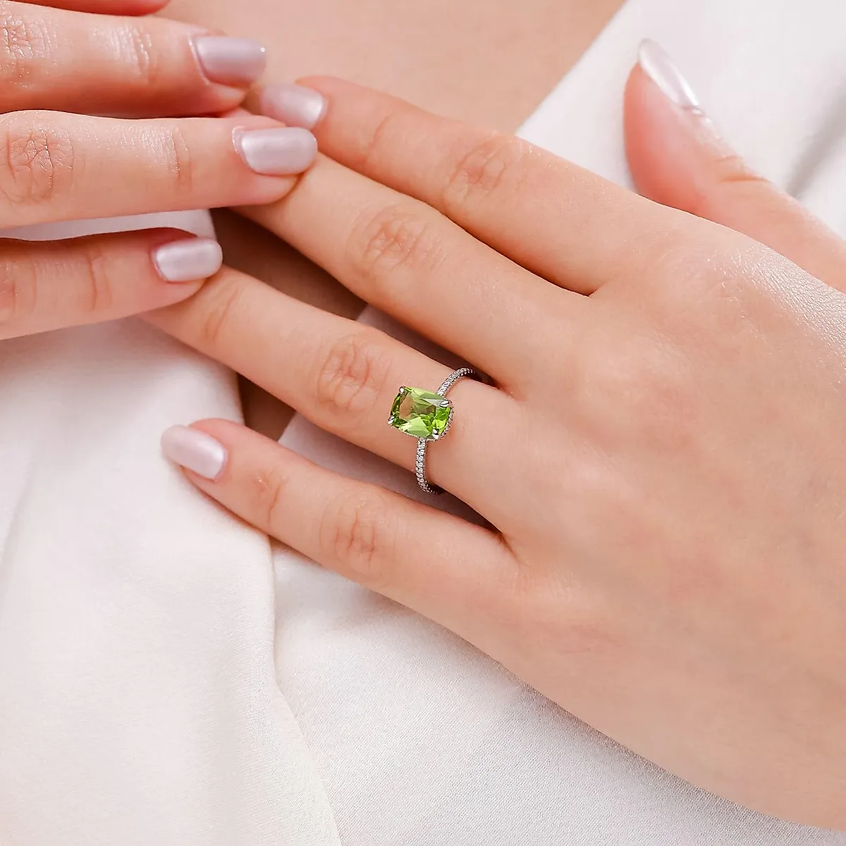 Angara Natural 1.45 Ct Peridot and 0.31 Ct Diamond Side Stones Ring for Women in 14K White Gold (Grade-AAA | Size-8x6mm) | August Birthstone, Birthday, Engagement, Anniversary Jewelry Gift For Women